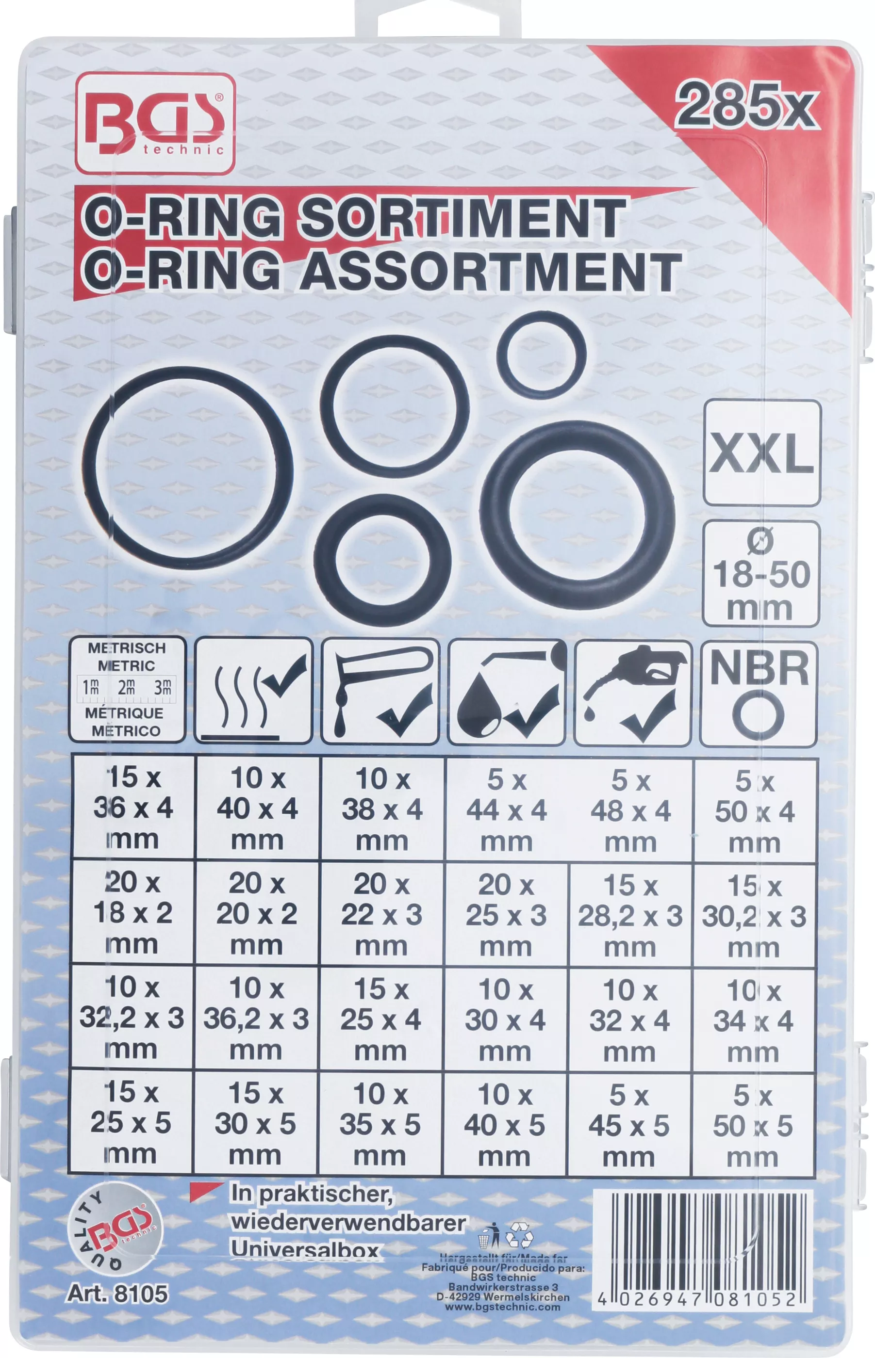 O-Ring-Sortiment | XXL | Ø 18 - 50 mm | 285 delar